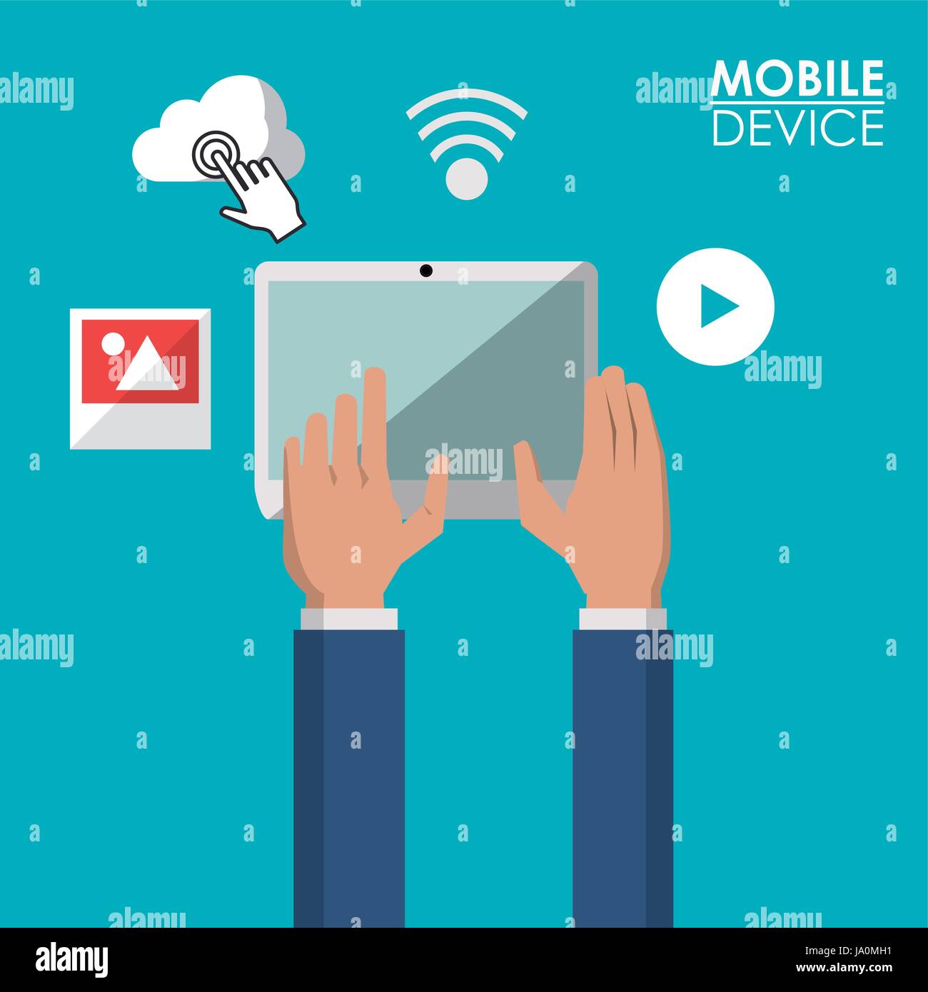 colorful poster of mobile devices with tablet and common icons Stock ...