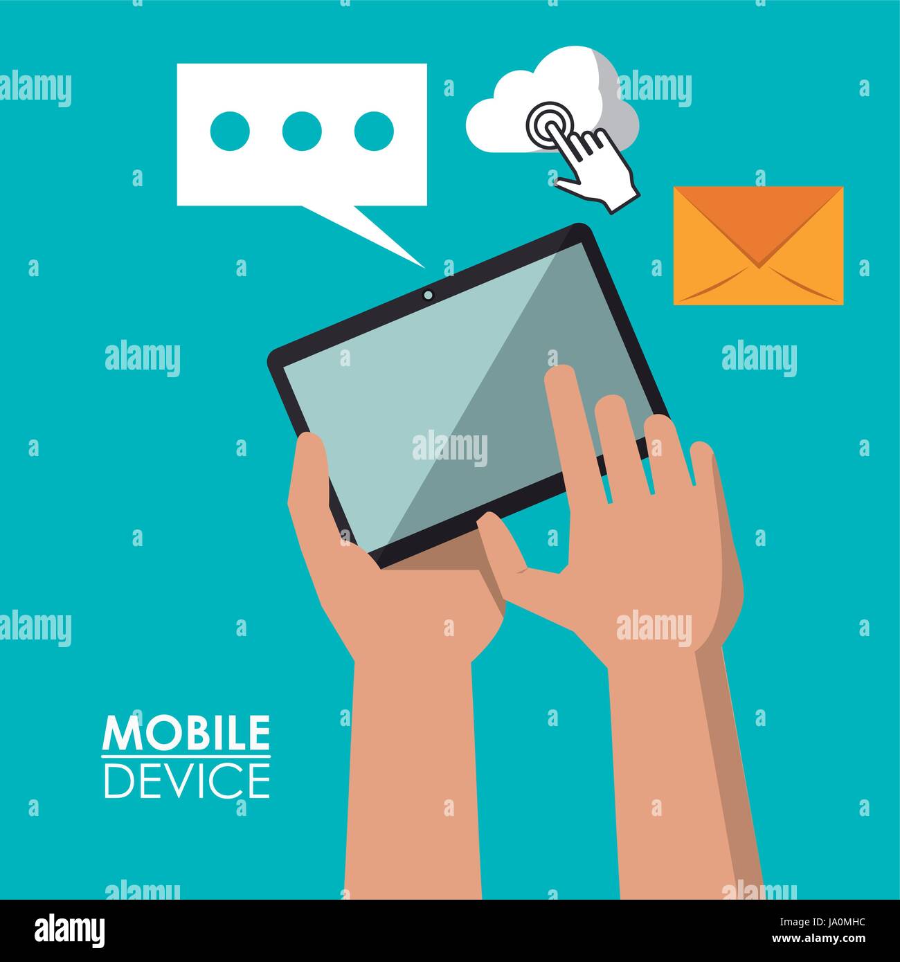 colorful poster of mobile devices with hands holding tablet and common ...