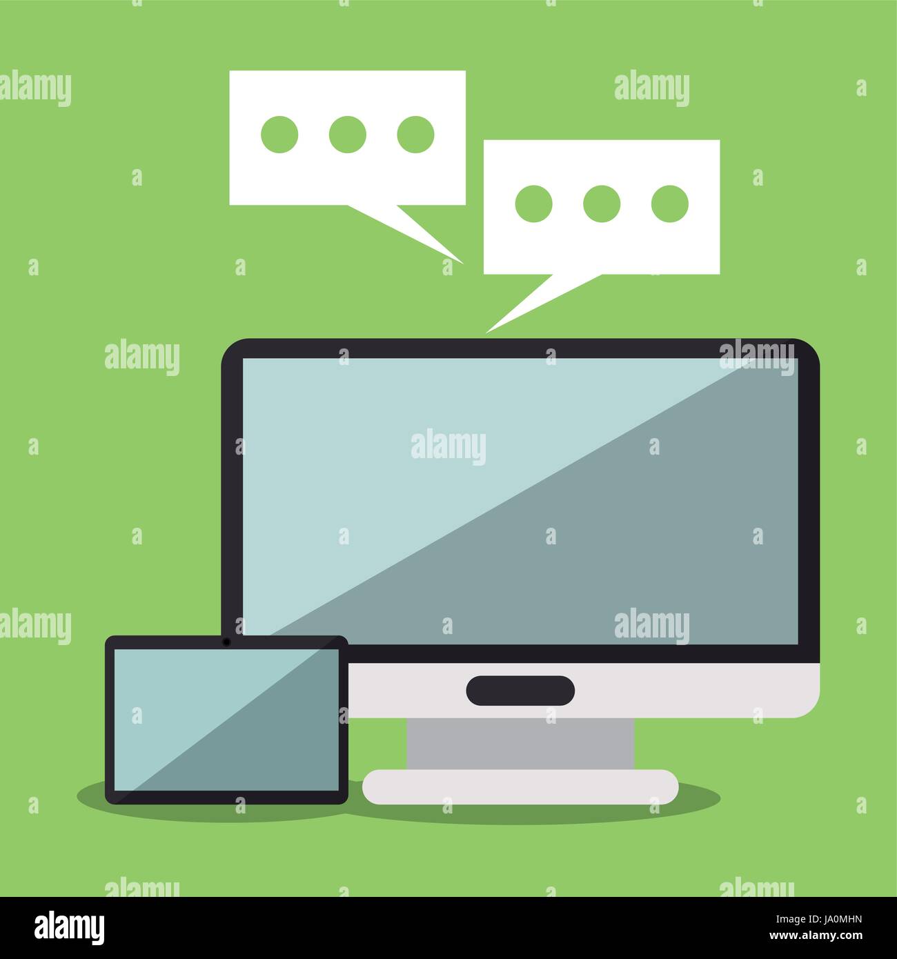 colorful background with desktop computer and tablet and dialogue ...