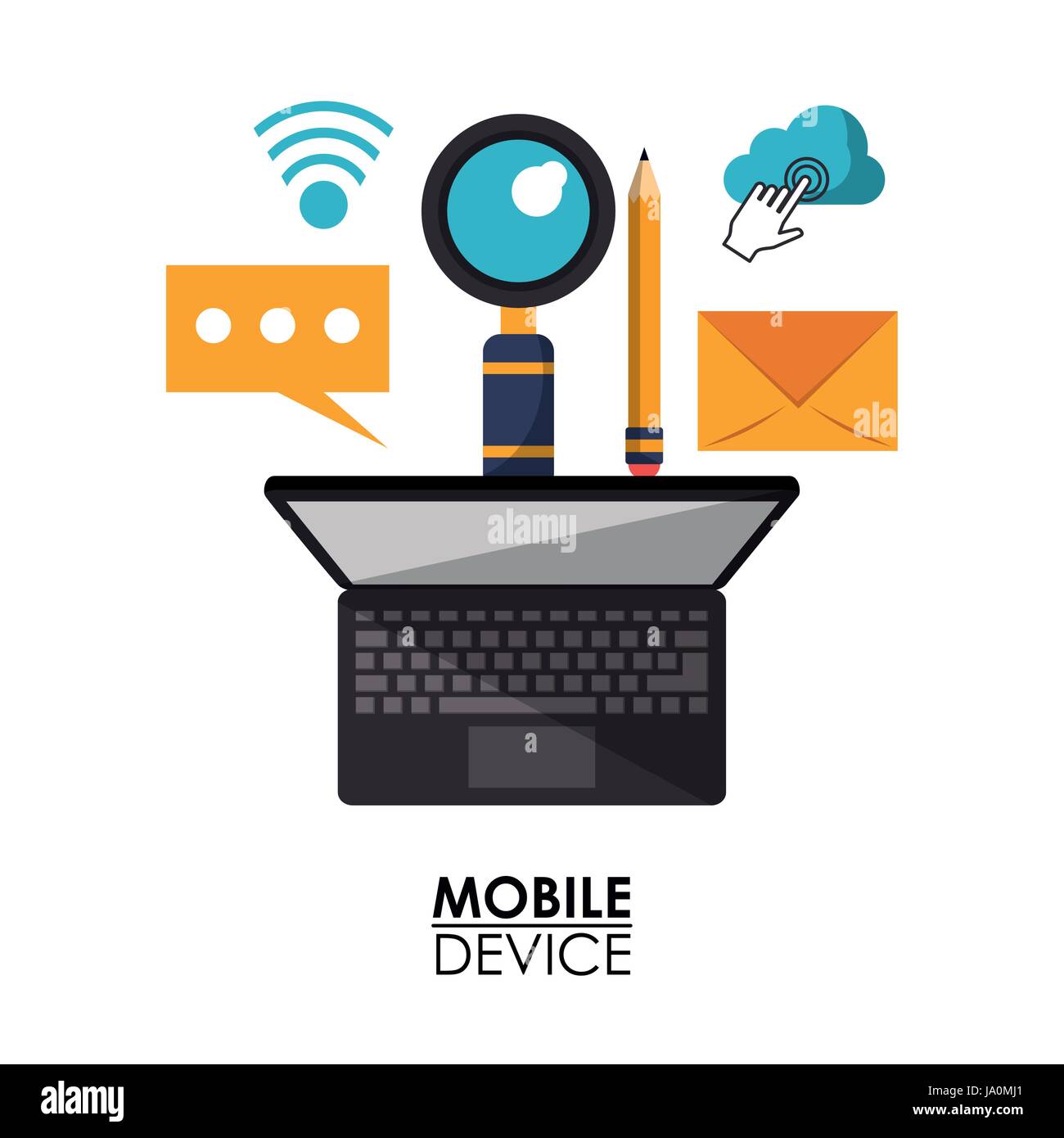 white background poster of mobile device with laptop computer and ...