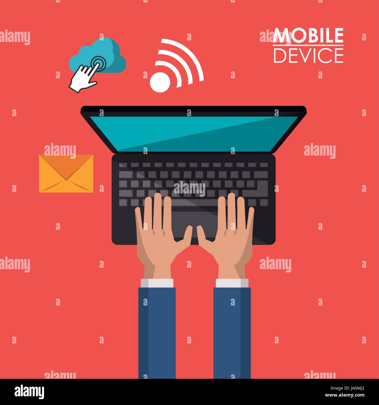 red background poster of mobile device with hands and laptop computer ...