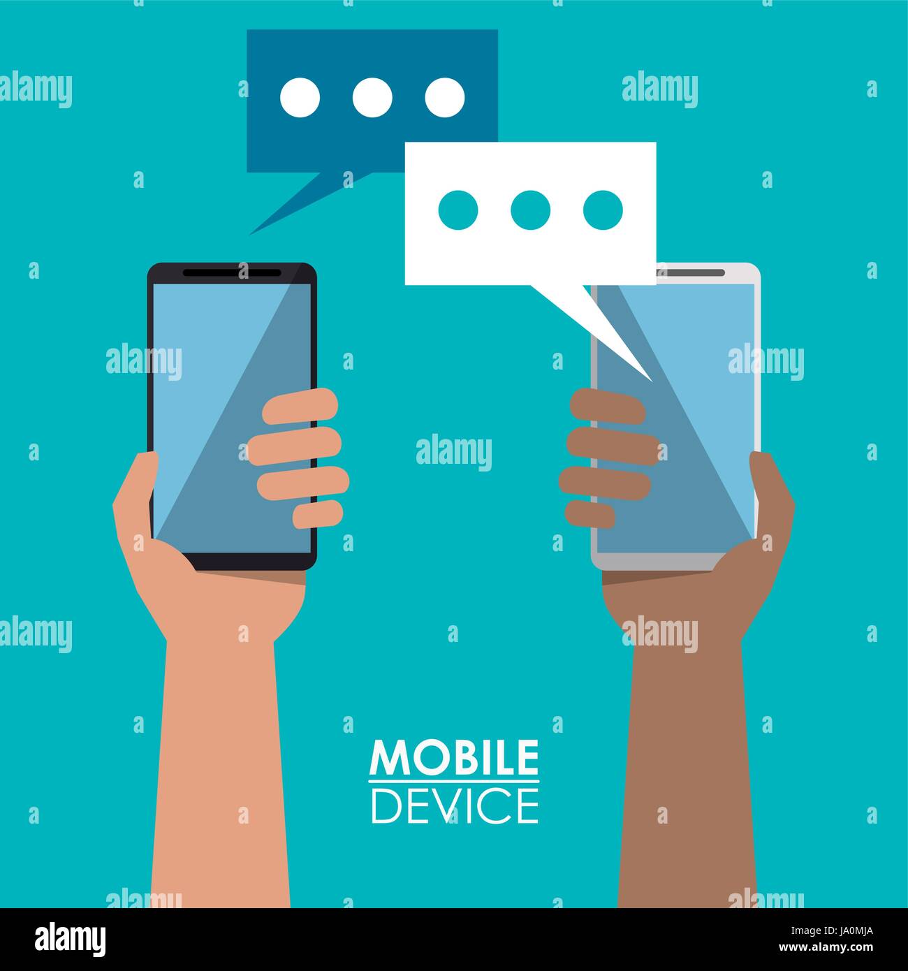 colorful poster mobile device with communication between smartphones ...