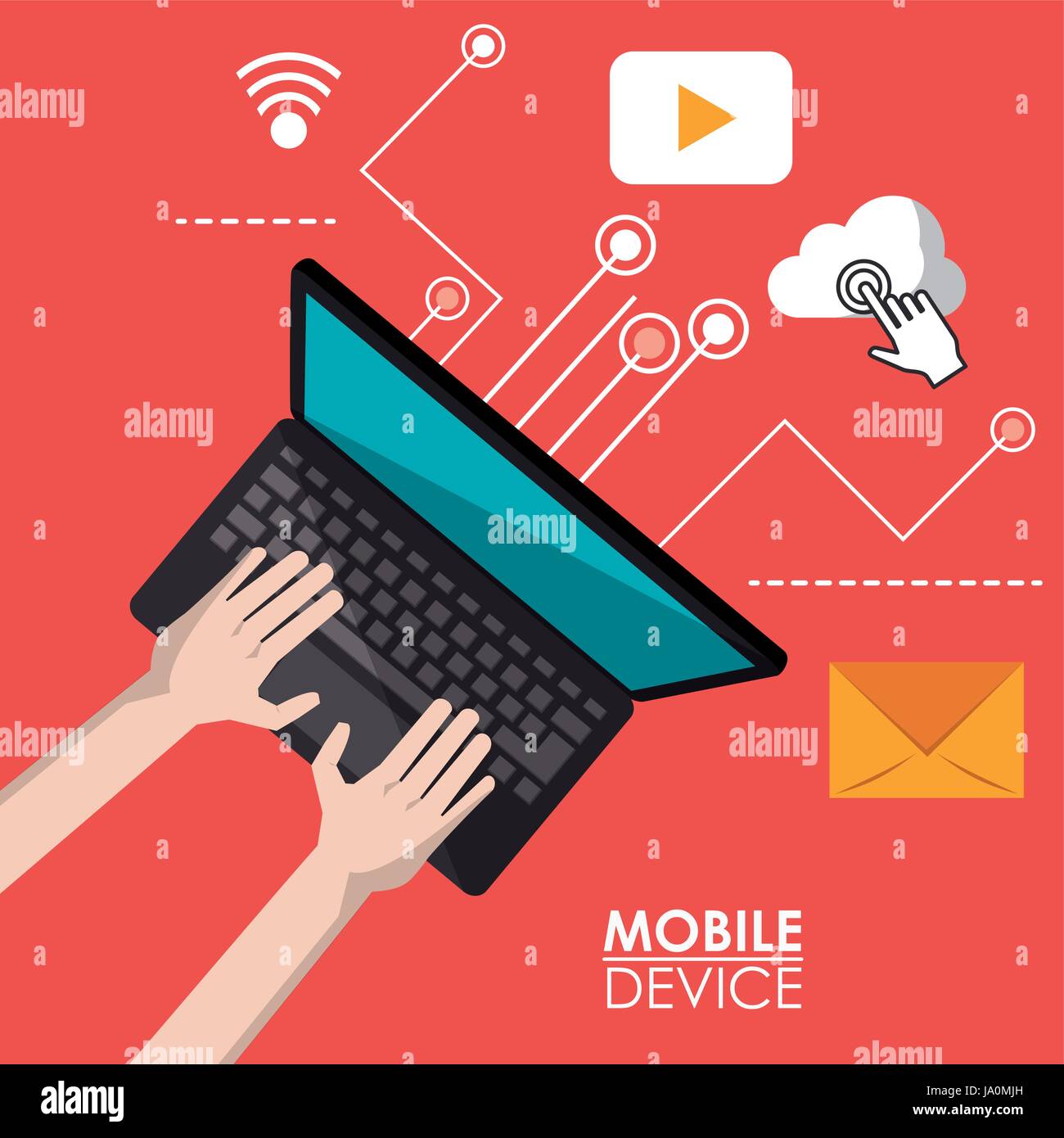 red poster mobile device of laptop computer in top view and link to ...