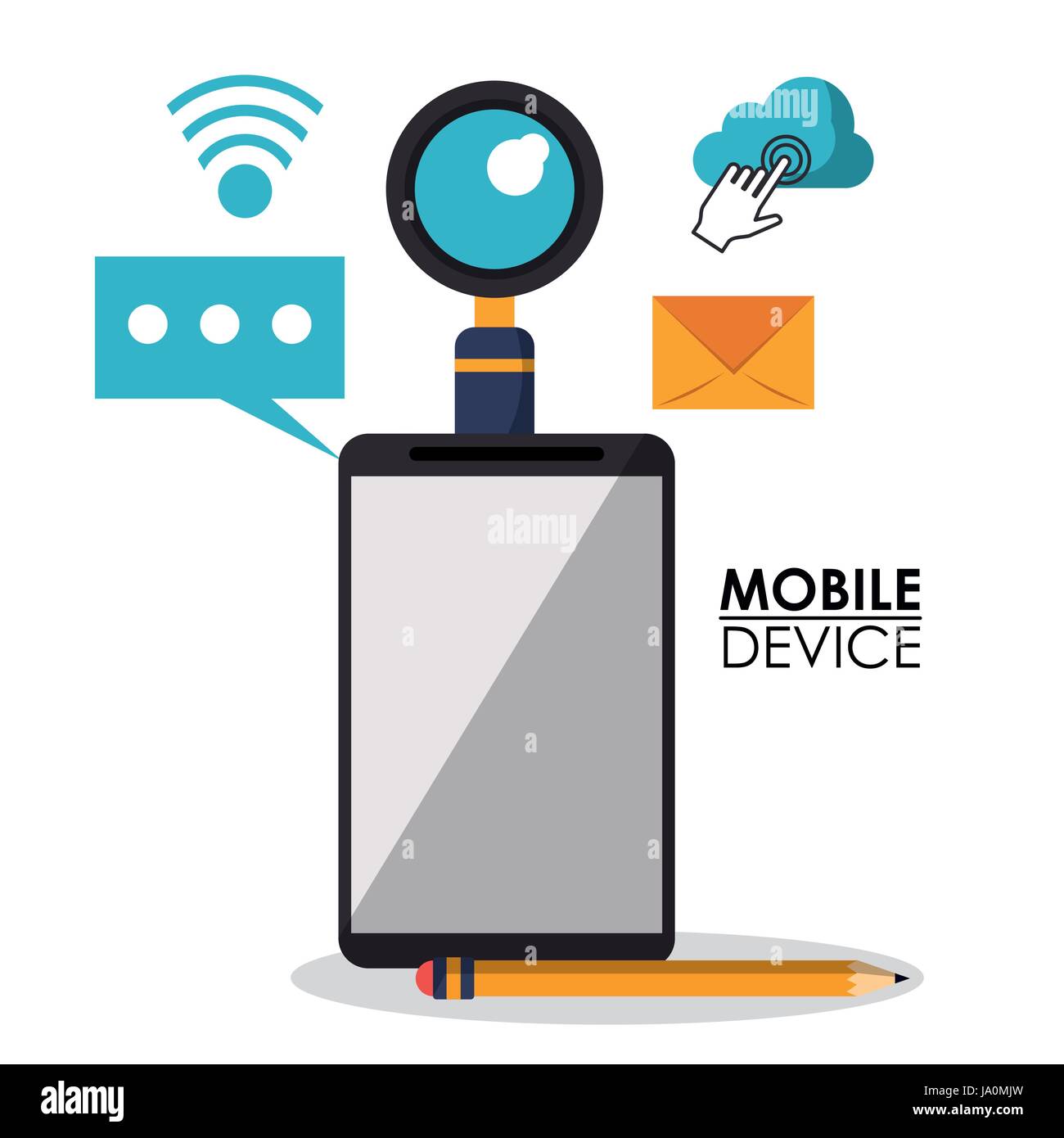 white background poster of mobile device with smartphone and common ...