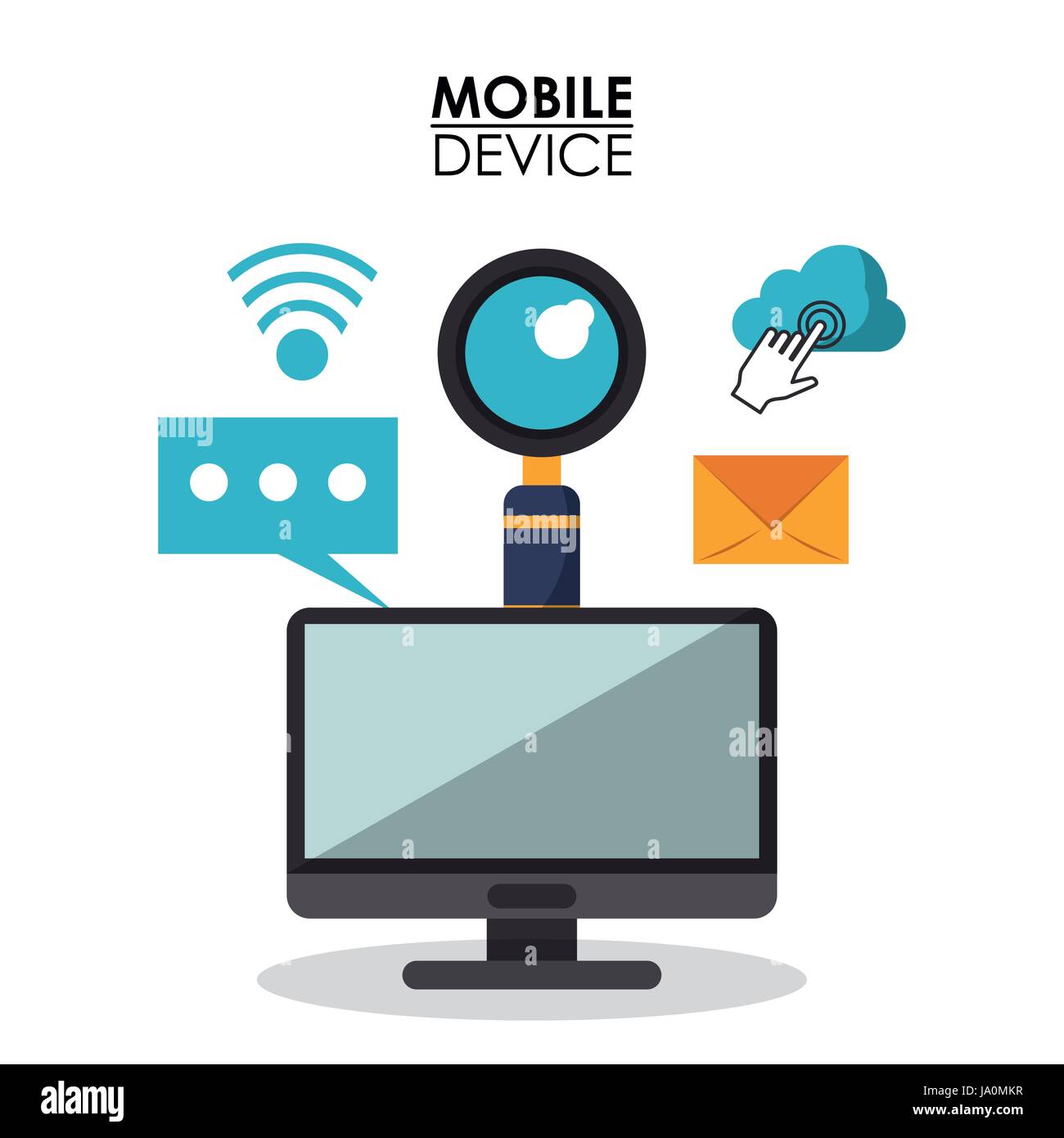 white background poster of mobile device with desktop computer and ...