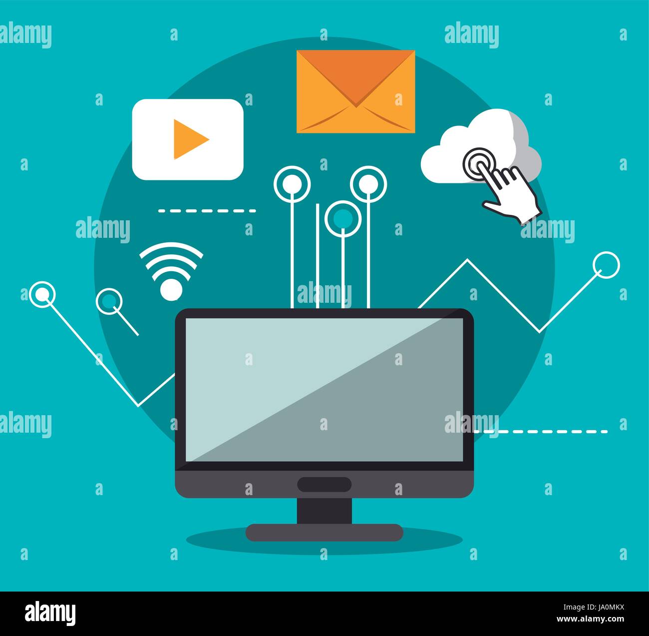 blue background with desktop computer and link to common icons in upper ...