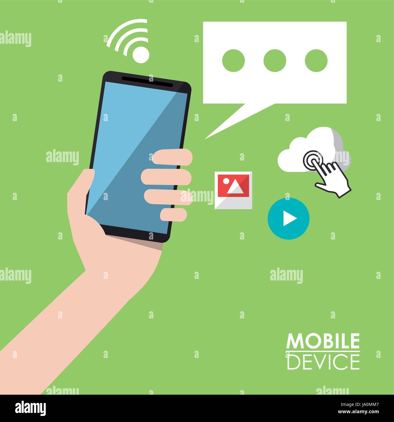 light green poster mobile device with hand holding smartphone and ...