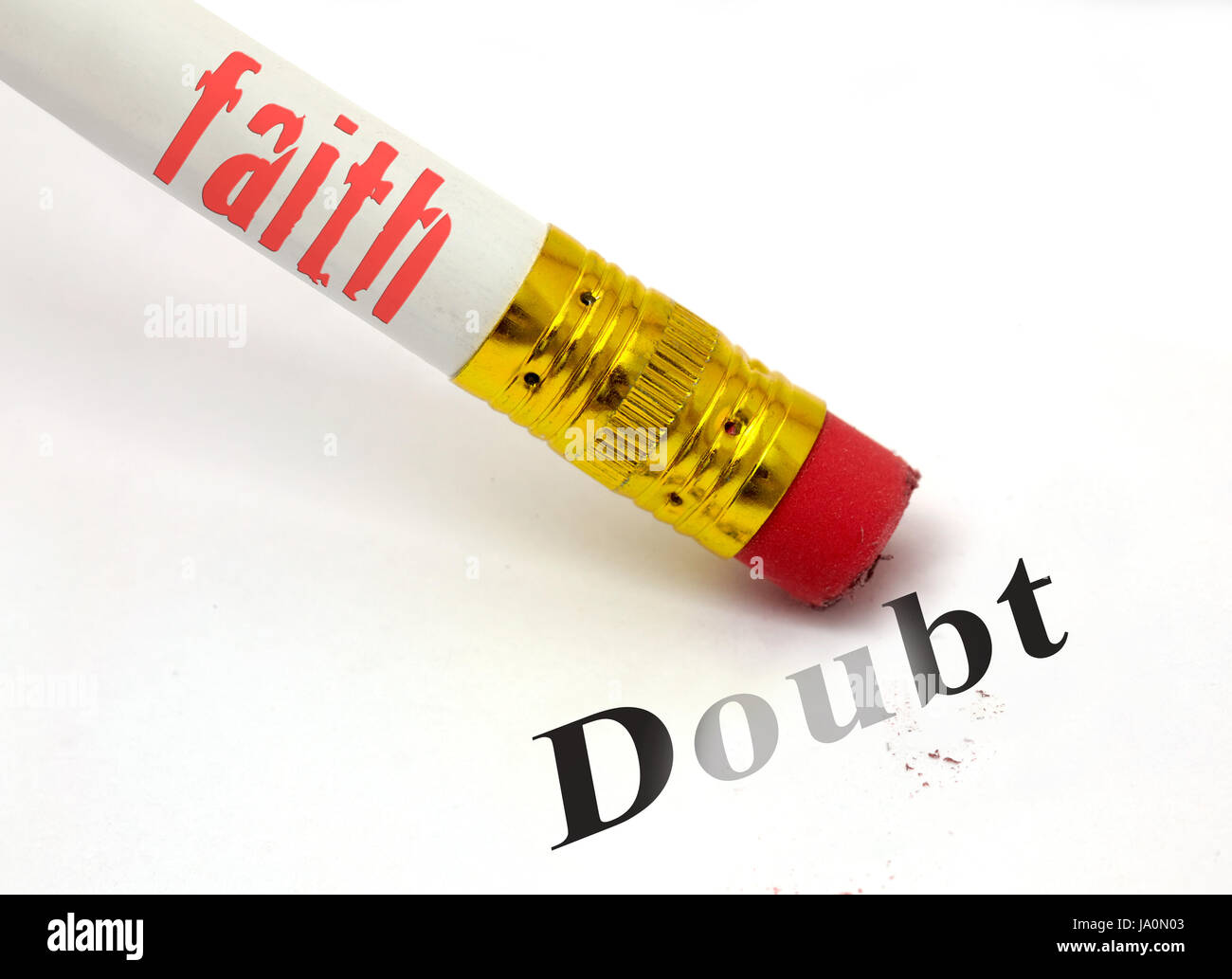 concept of pencil and eraser with faith erasing doubt Stock Photo - Alamy