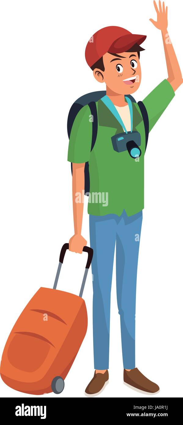 happy young man traveler standing with backpack and suitcase travel ...