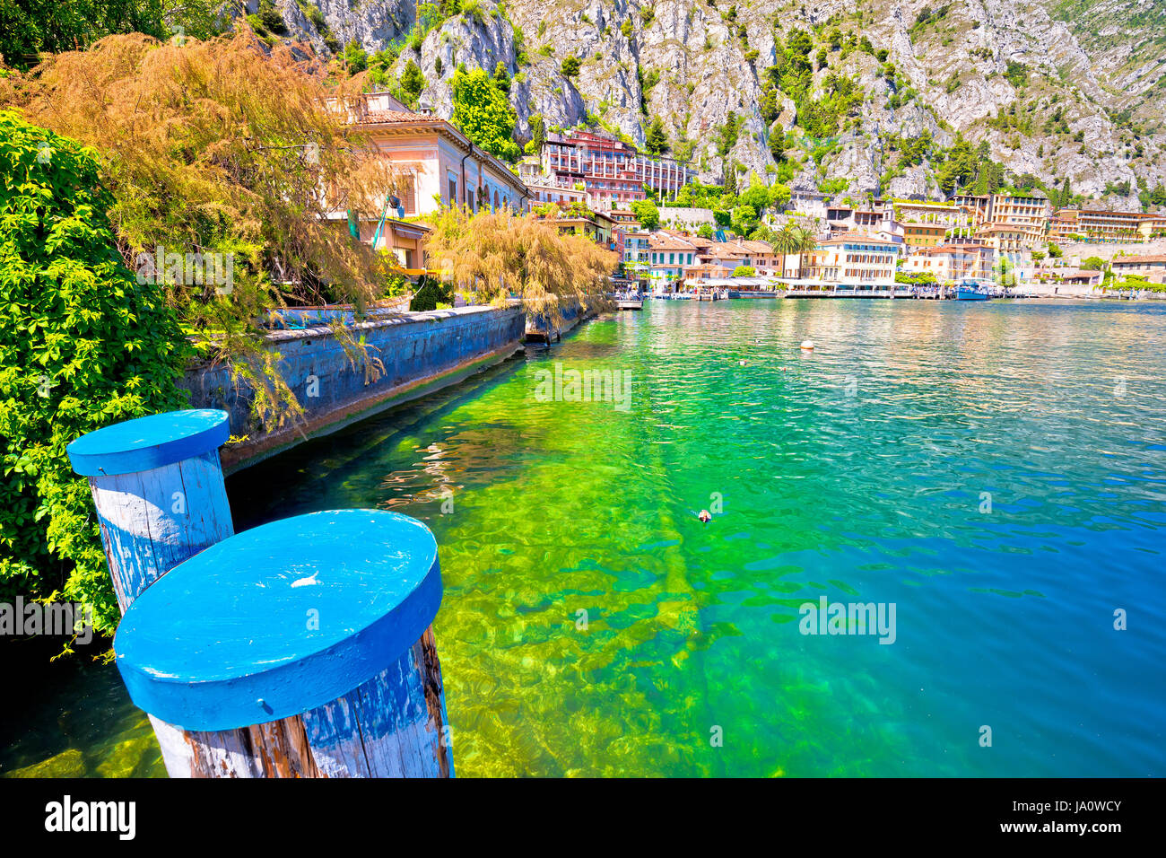 Limone sul Garda turquoise waterfront view, town in Lago di Garda ...