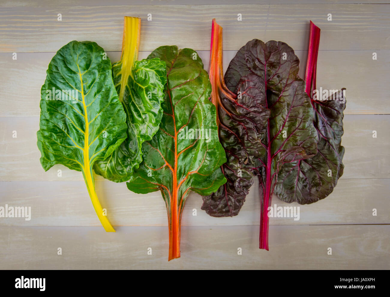 Six Leaves of Rainbow Chard on Wooden Background in rainbow order Stock ...