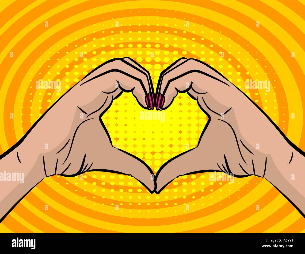 White young woman hands show heart sign. Colored halftone retro dot ...