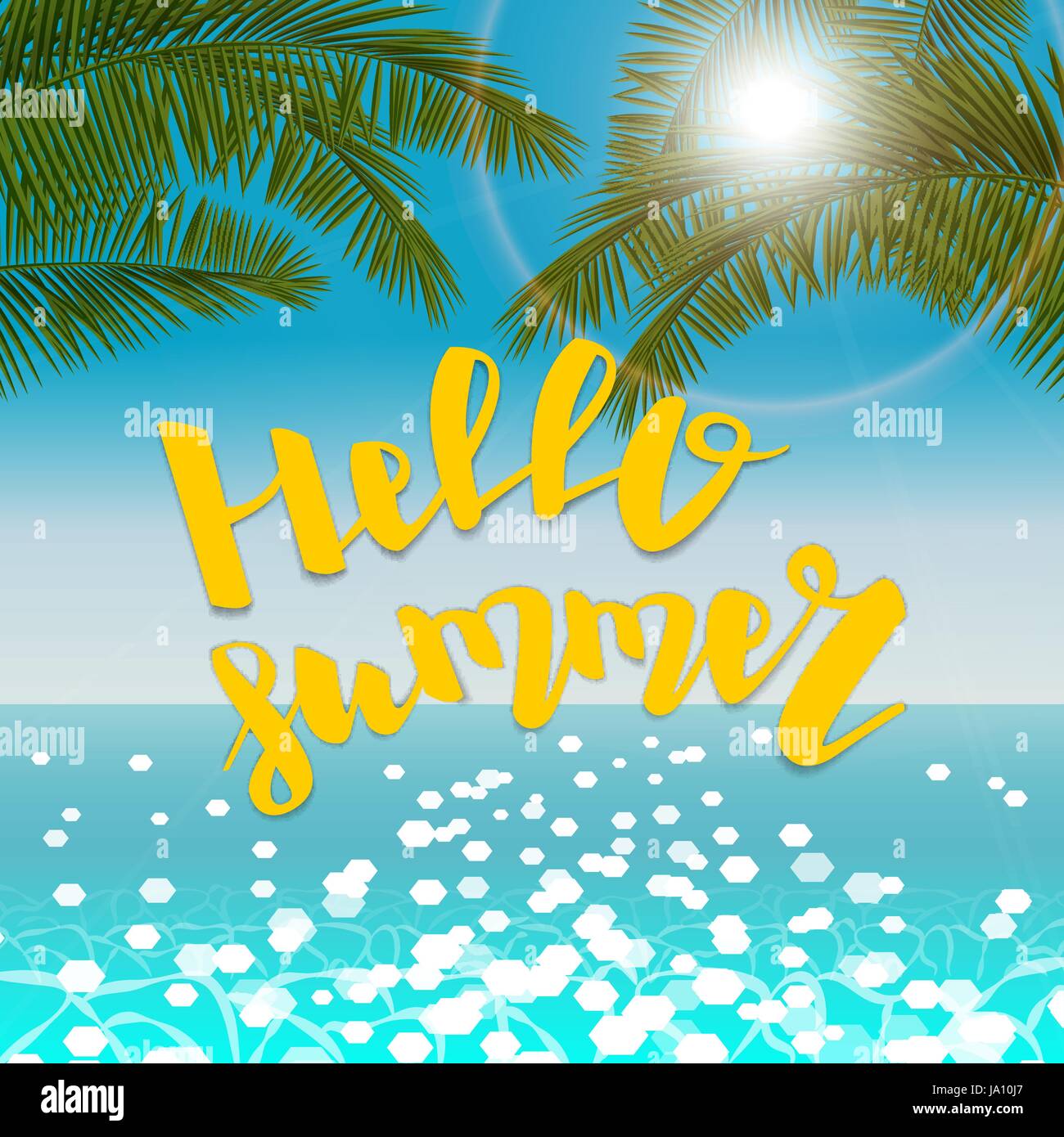Hello summer time lettering comic text font. Seascape nature outdoors ...