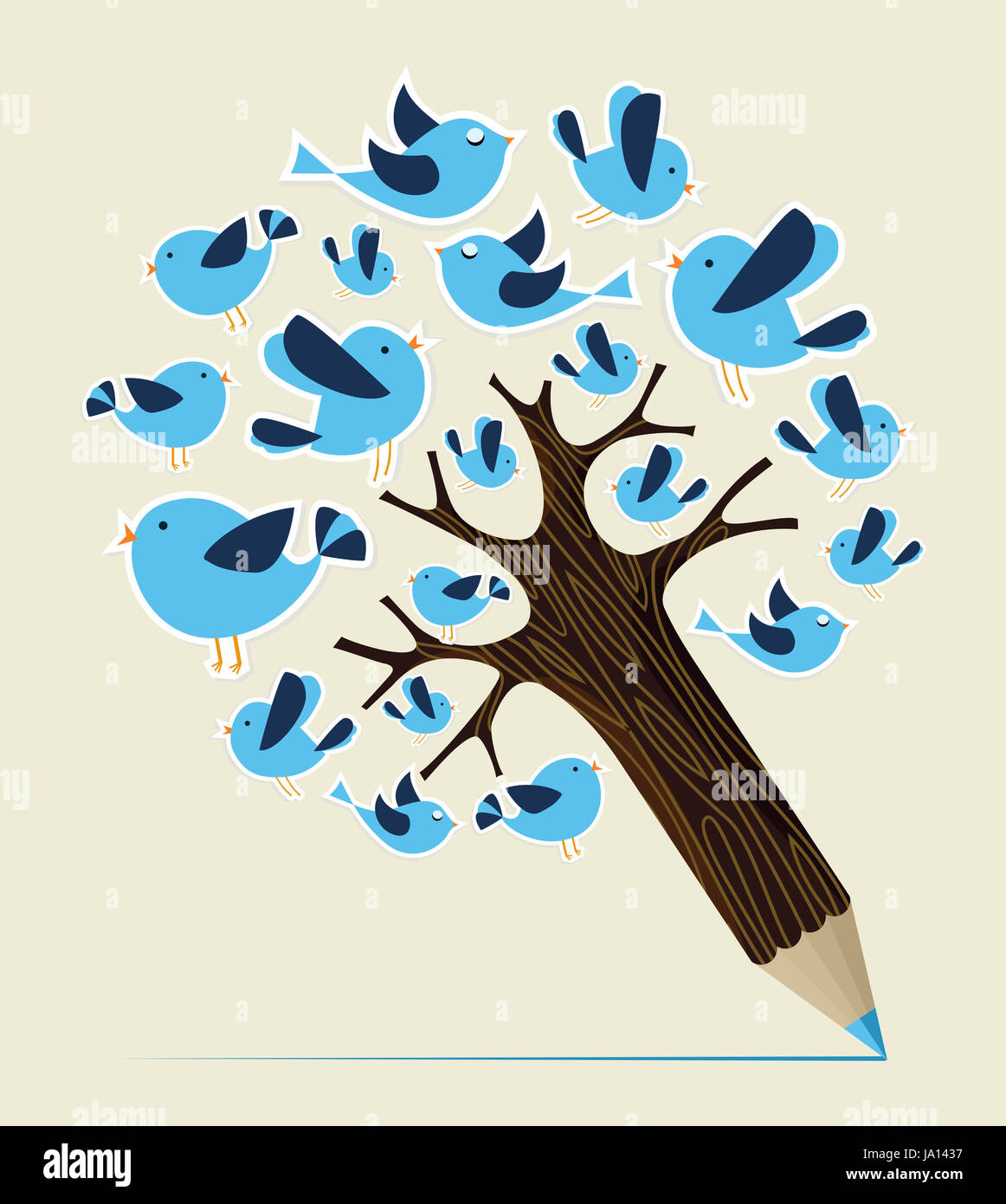 Flying tweeting birds concept pencil tree. Vector illustration layered ...