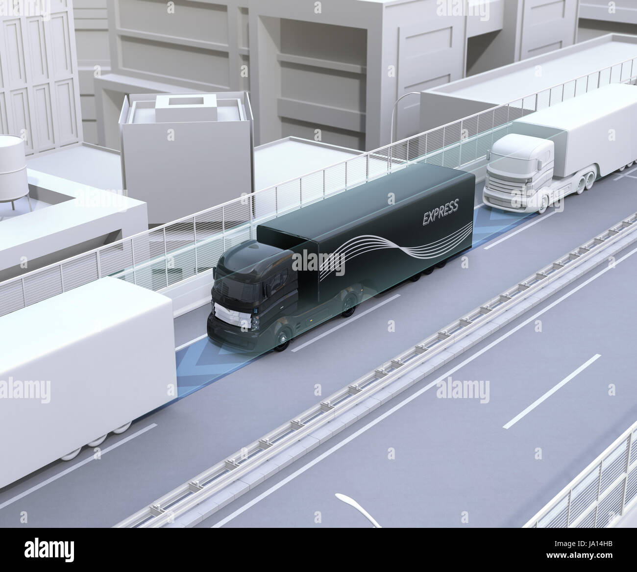 A fleet of autonomous truck driving on highway. Connected cars concept ...