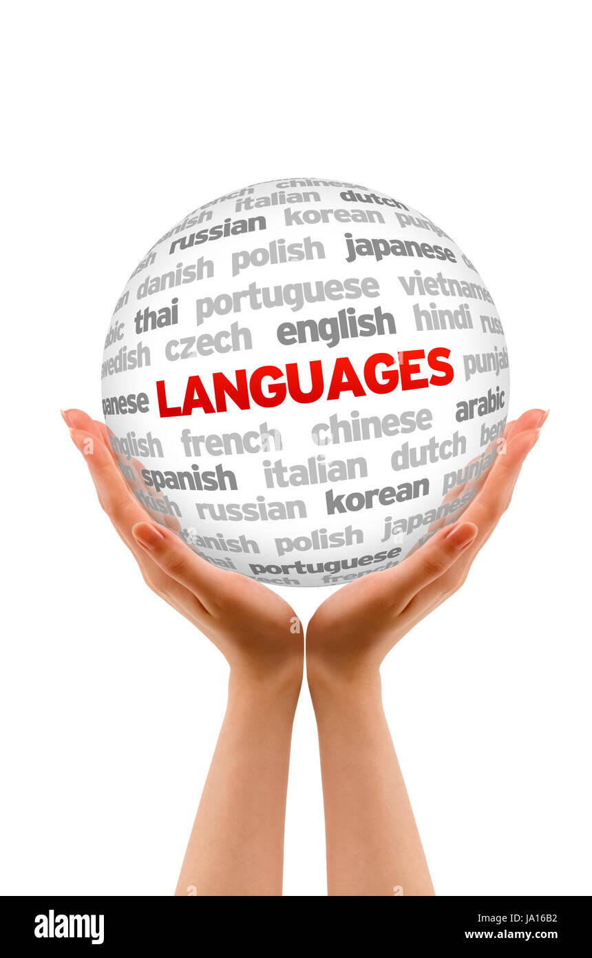 Hands holding a Languages Sphere sign on white background Stock Photo ...