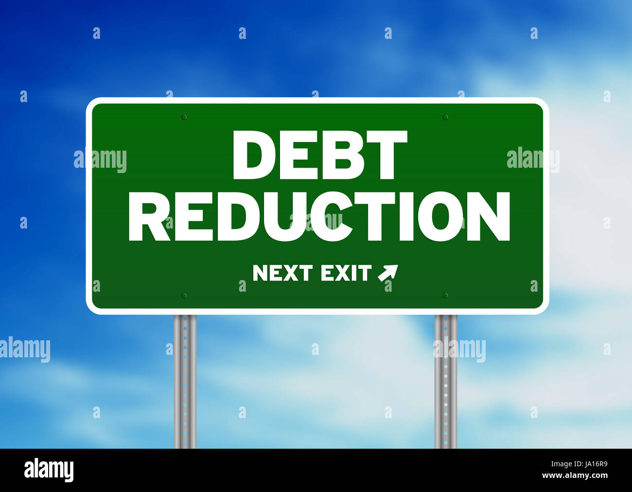 Green Debt Reduction highway sign on Cloud Background Stock Photo - Alamy