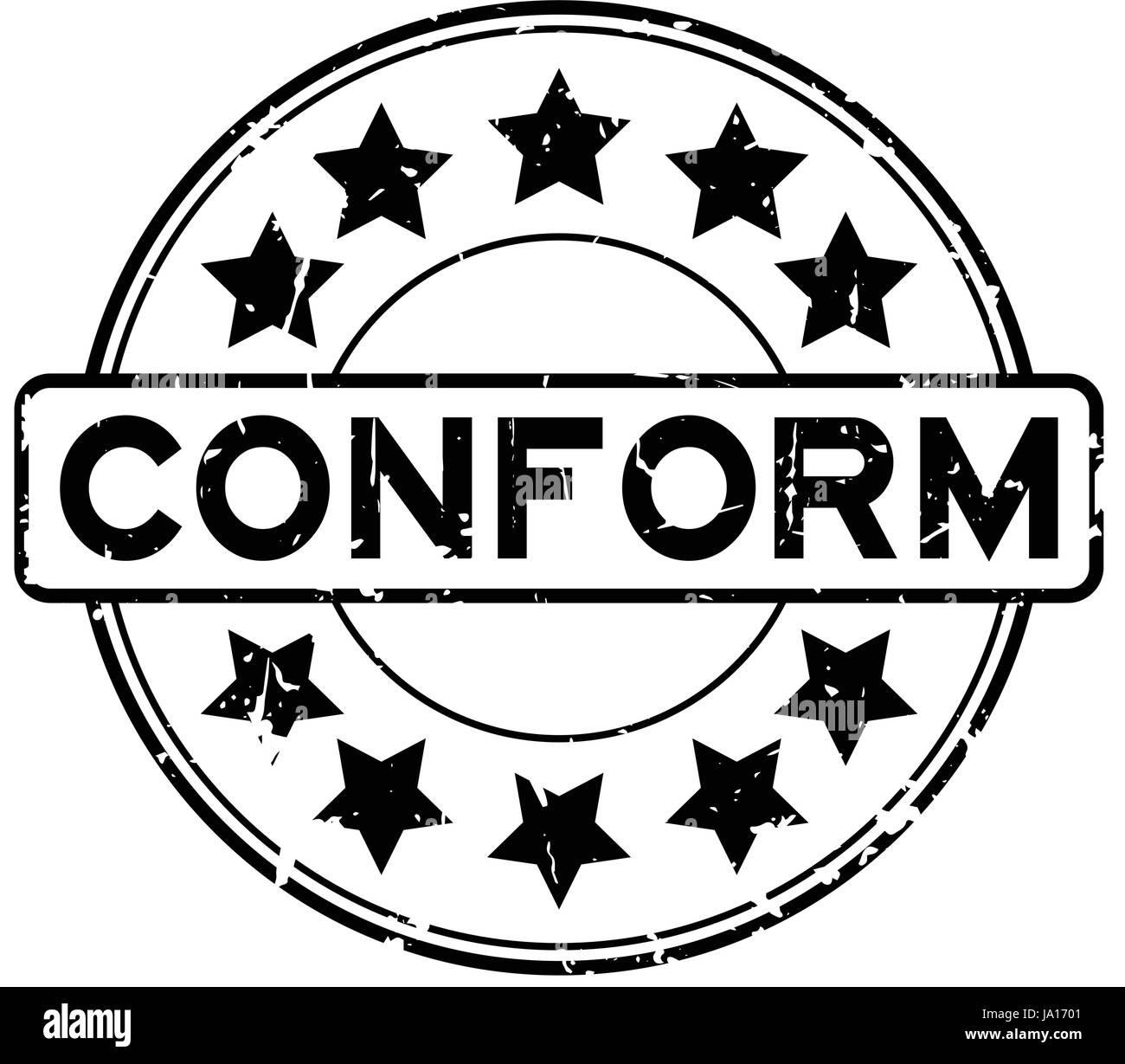 Grunge black conform with star icon round rubber seal stamp on white ...