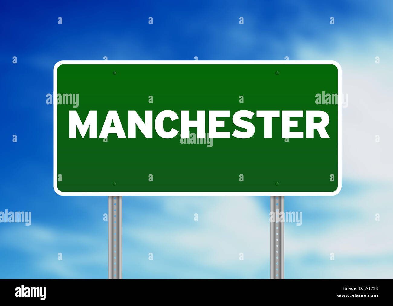 Green Manchester, England highway sign on Cloud Background Stock Photo ...