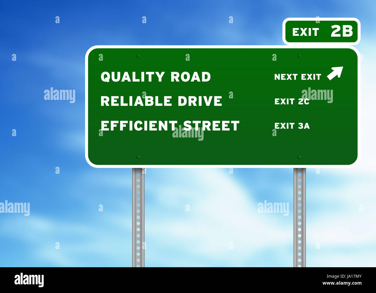 Green Quality, Reliable, Efficient Highway Sign on Cloud Background ...