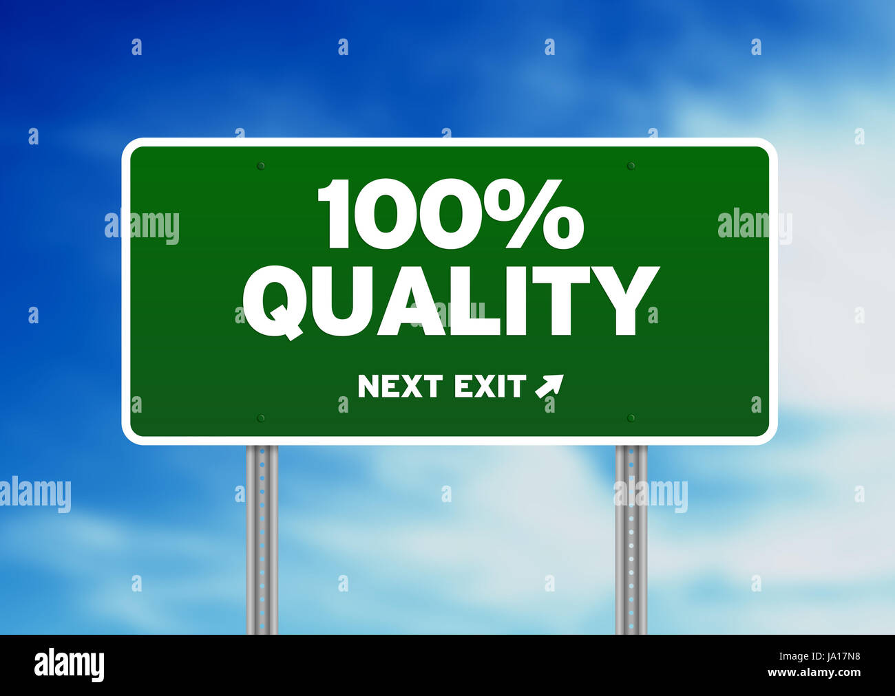 Green 100% Quality highway sign on Cloud Background Stock Photo - Alamy