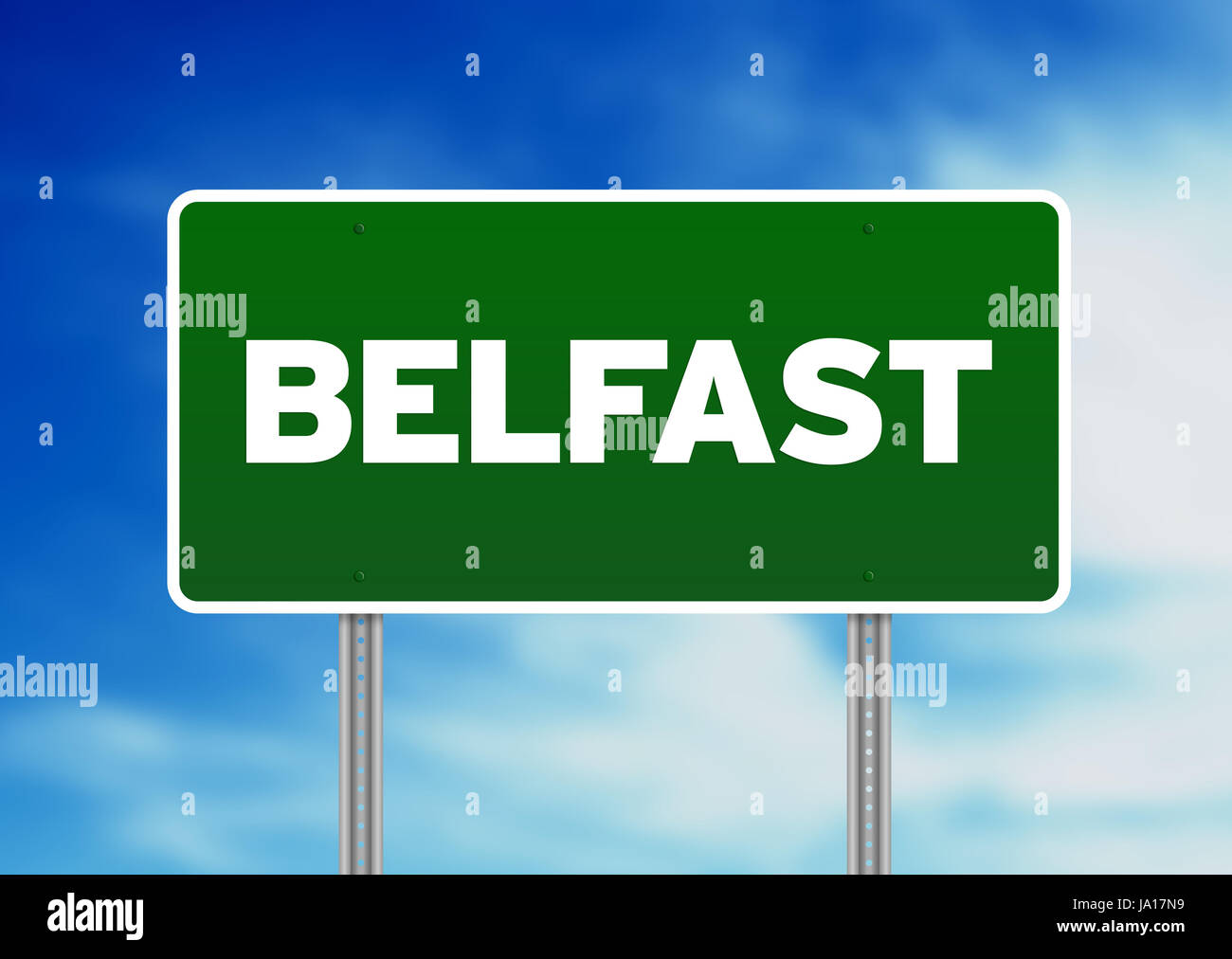 Green Belfast, England highway sign on Cloud Background Stock Photo - Alamy