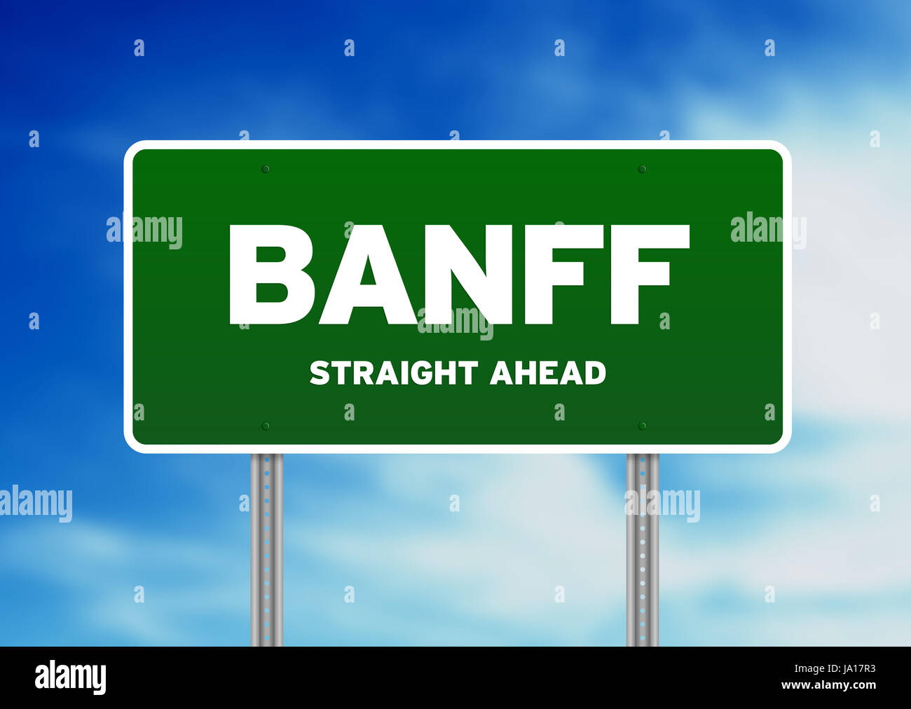 Green Banff road sign on Cloud Background Stock Photo - Alamy