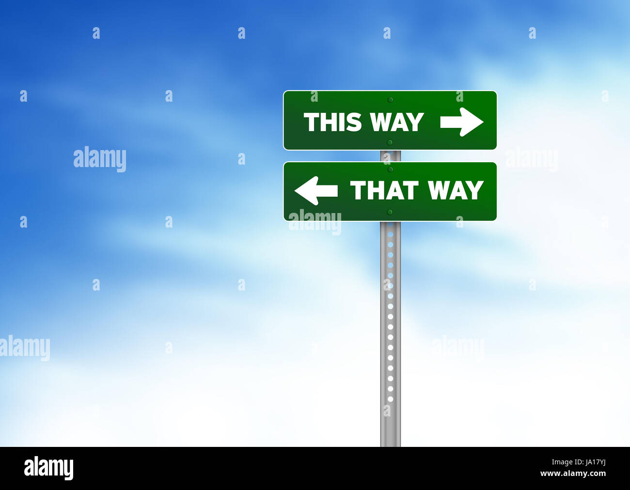 Green this way, that way road sign on Cloud Background Stock Photo - Alamy
