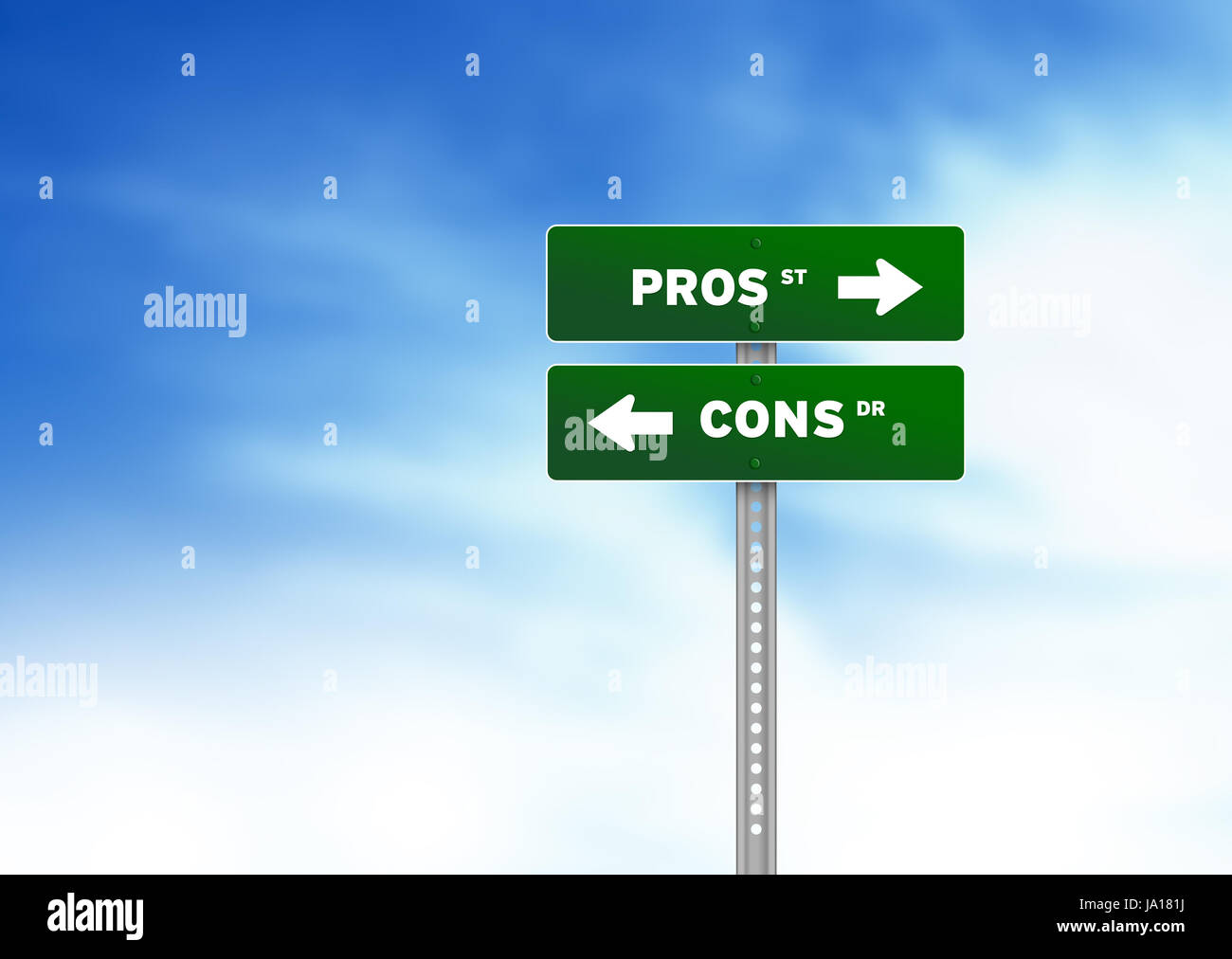Green Pros and Cons Road Sign on Cloud Background Stock Photo - Alamy
