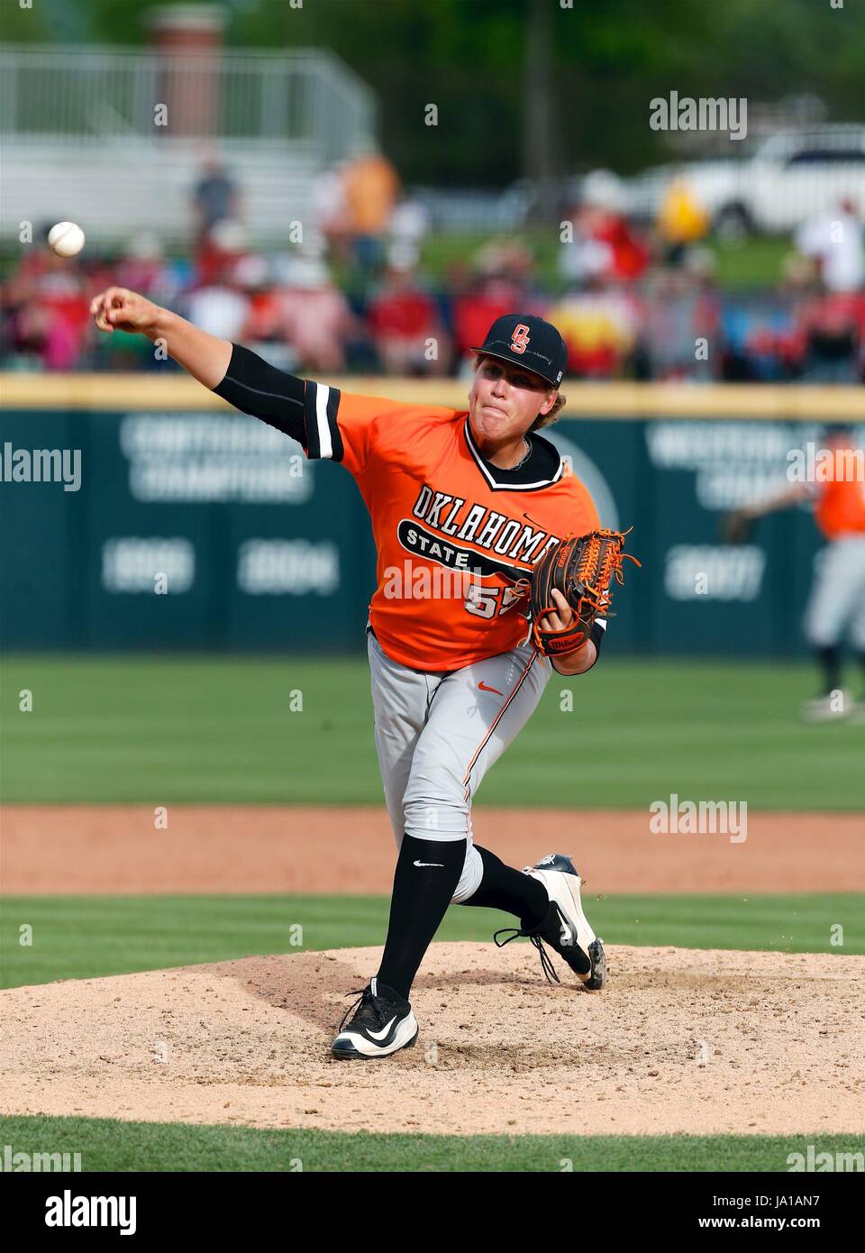 The Plate. 3rd June, 2017. OSU pitcher Peyton Battenfield #55 brings a ...