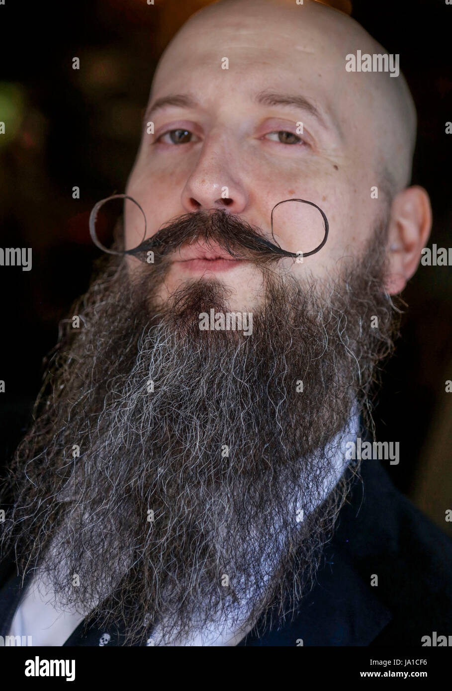 Vancouver, Canada. 3rd June, 2017. A facial hair enthusiast shows off ...