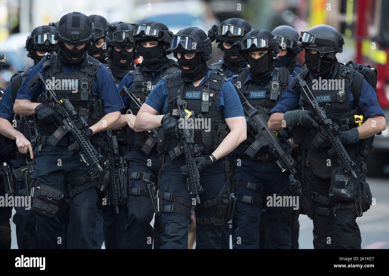 London, UK. 4th June, 2017. Armed police officers patrol near London ...