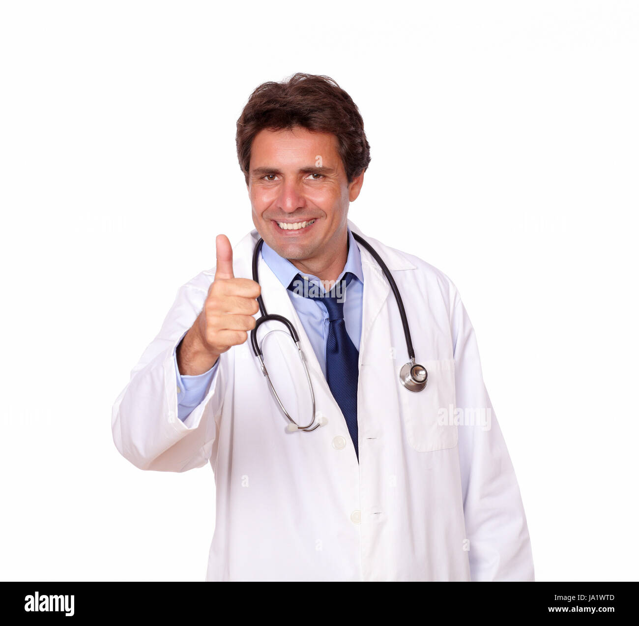 Portrait of a smiling medical doctor showing you ok sign in white ...