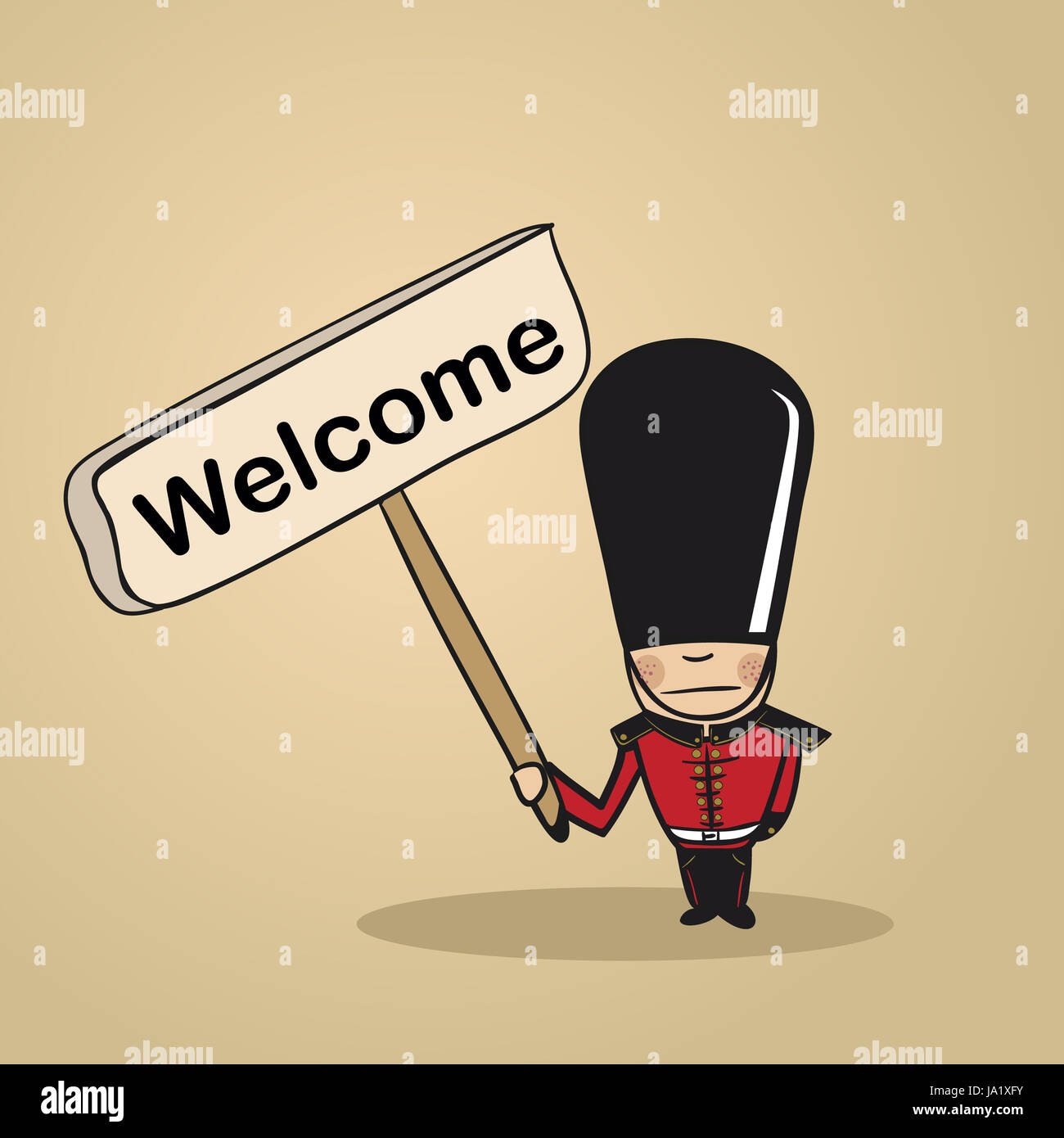Trendy british man says welcome holding a wooden sign sketch. Vector ...