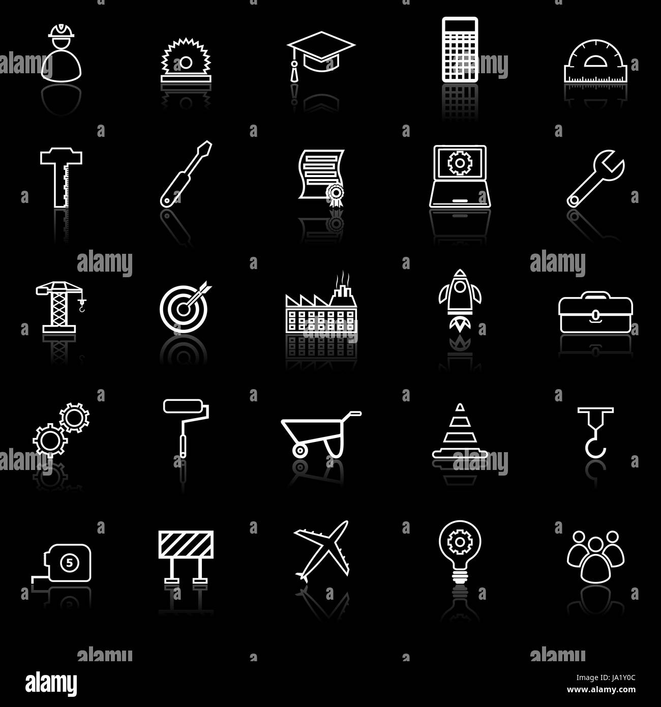 Engineering line icons with reflect on black background, stock vector ...
