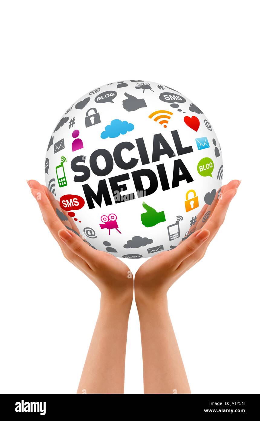 Hands holding a 3d Social Media Sphere sign on white background Stock ...