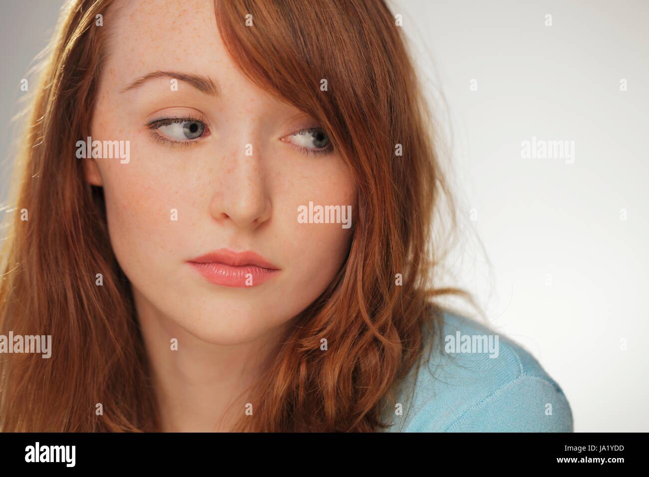 woman, sad, horizontal, shy, serious, freckle, looking away, beauty ...