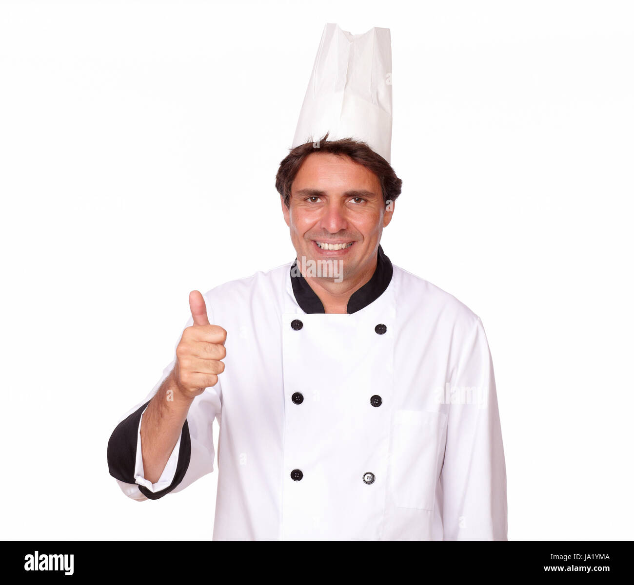 Portrait of an attractive chef gesturing positive sign with finger on ...