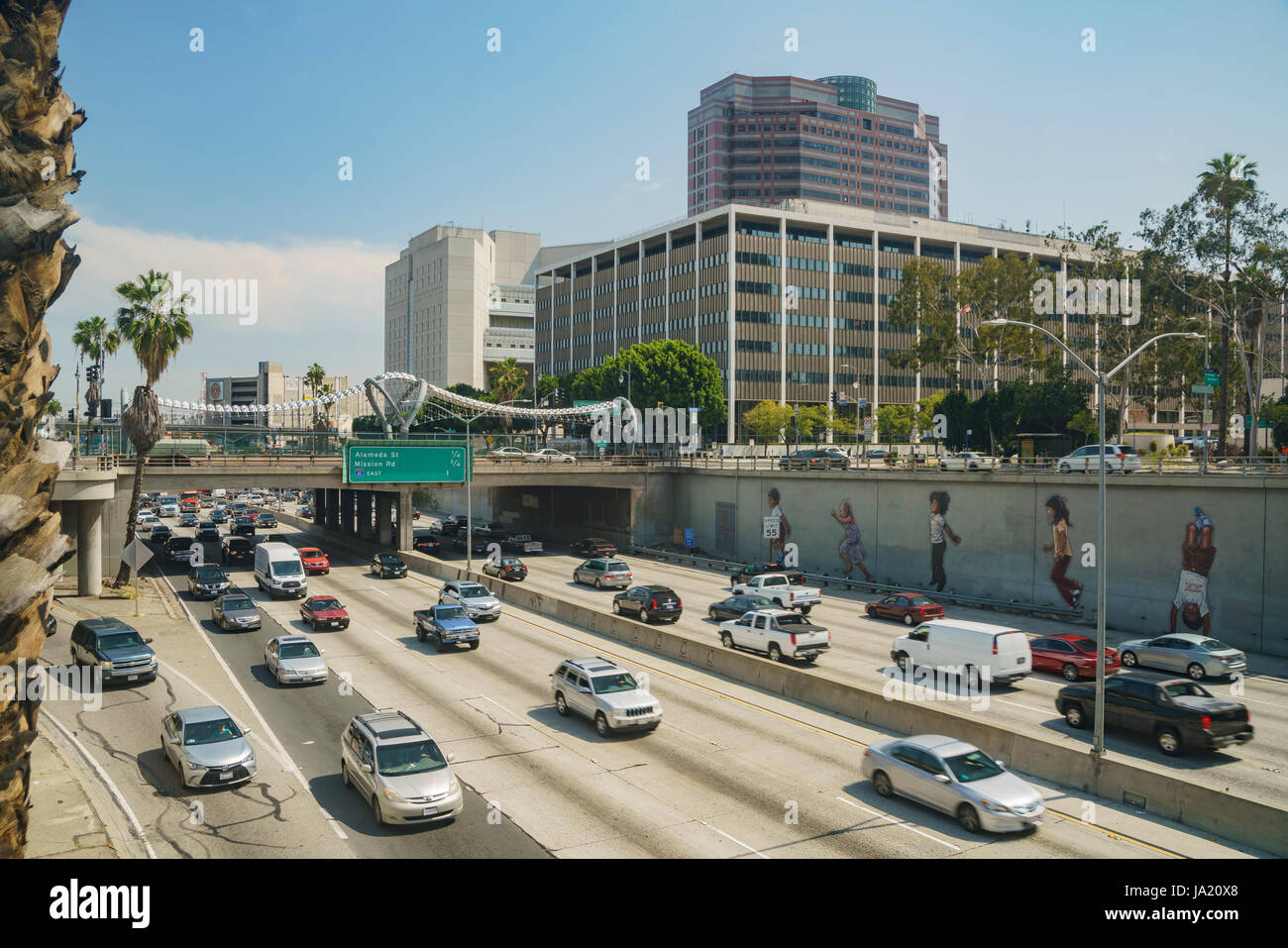 Los Angeles, APR 11: Morning view of Los Angeles downtown with highway ...