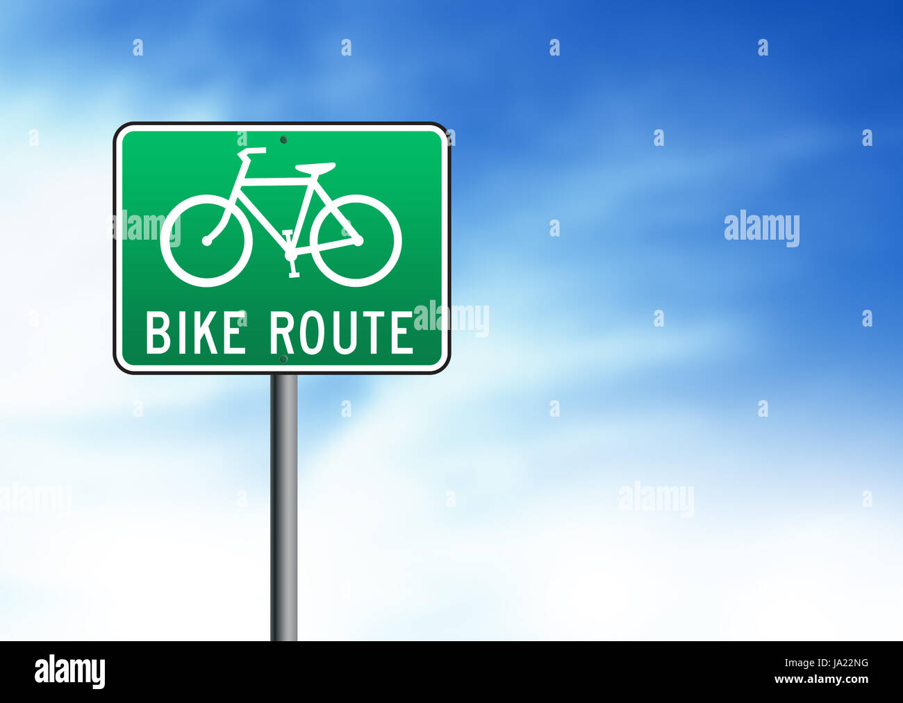 Green Bike Route Road Sign on Cloud Background Stock Photo - Alamy