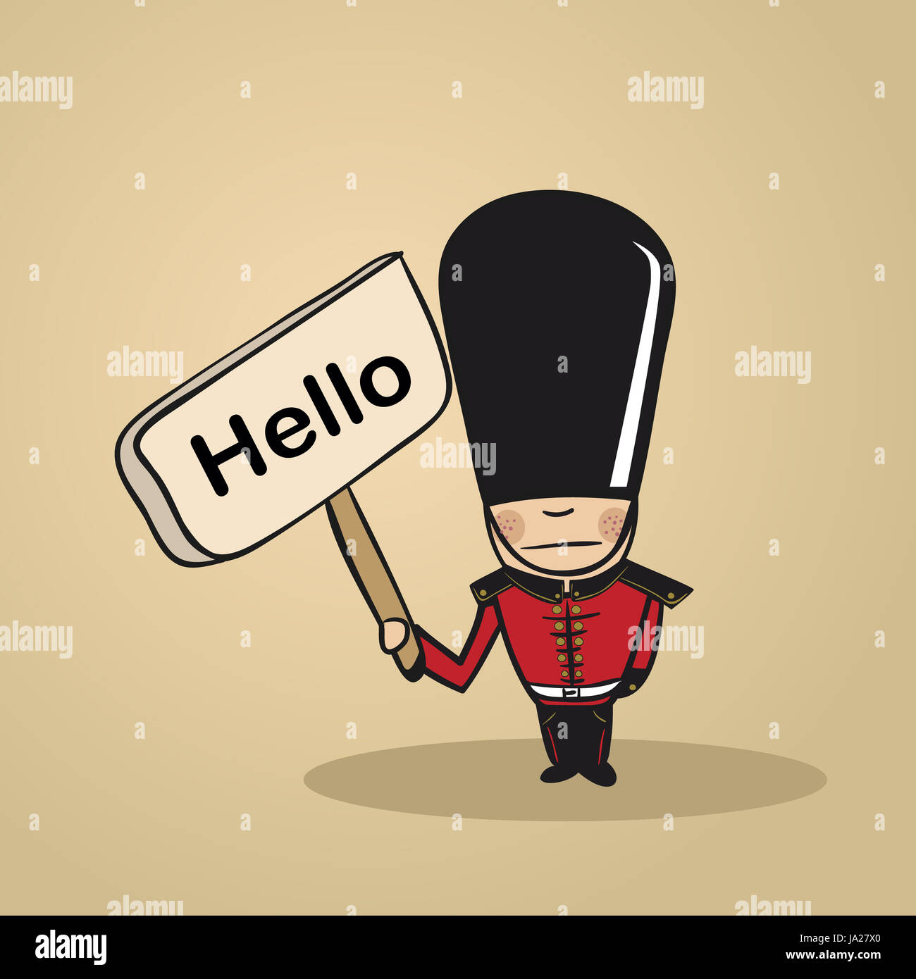 Trendy british man says Hello holding a wooden sign sketch. Vector file ...