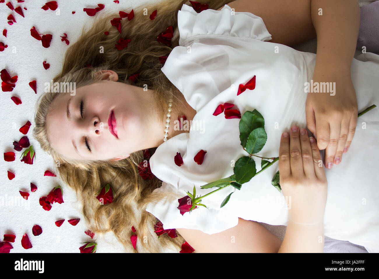 woman, relaxed, roses, fairy tale, the sleeping beauty, young, younger ...