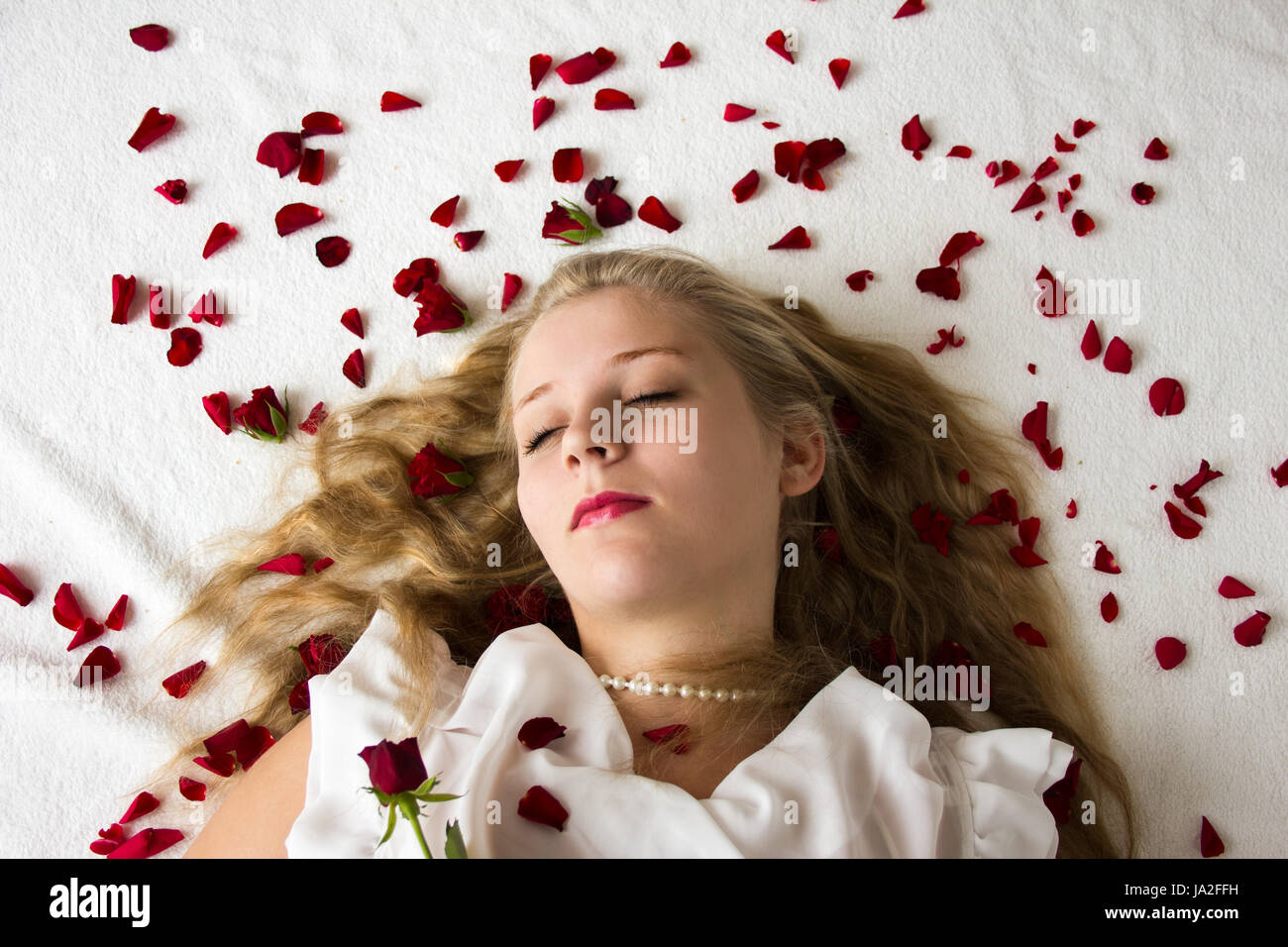 woman, relaxed, roses, fairy tale, the sleeping beauty, young, younger ...