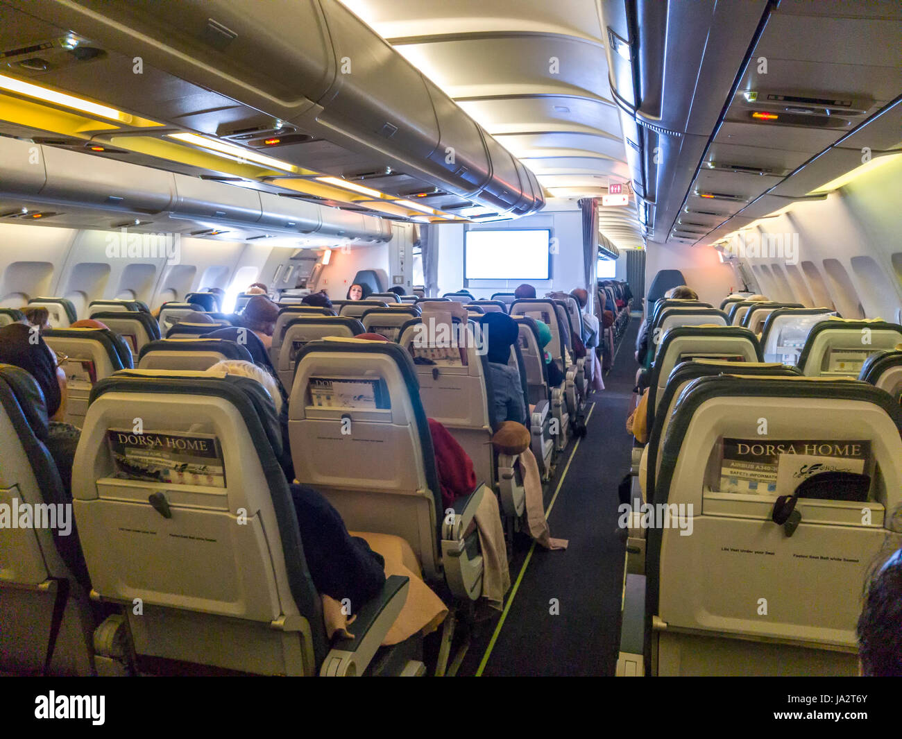 TEHRAN, IRAN - MAY 07, 2017: Interior of large passengers airplane with ...