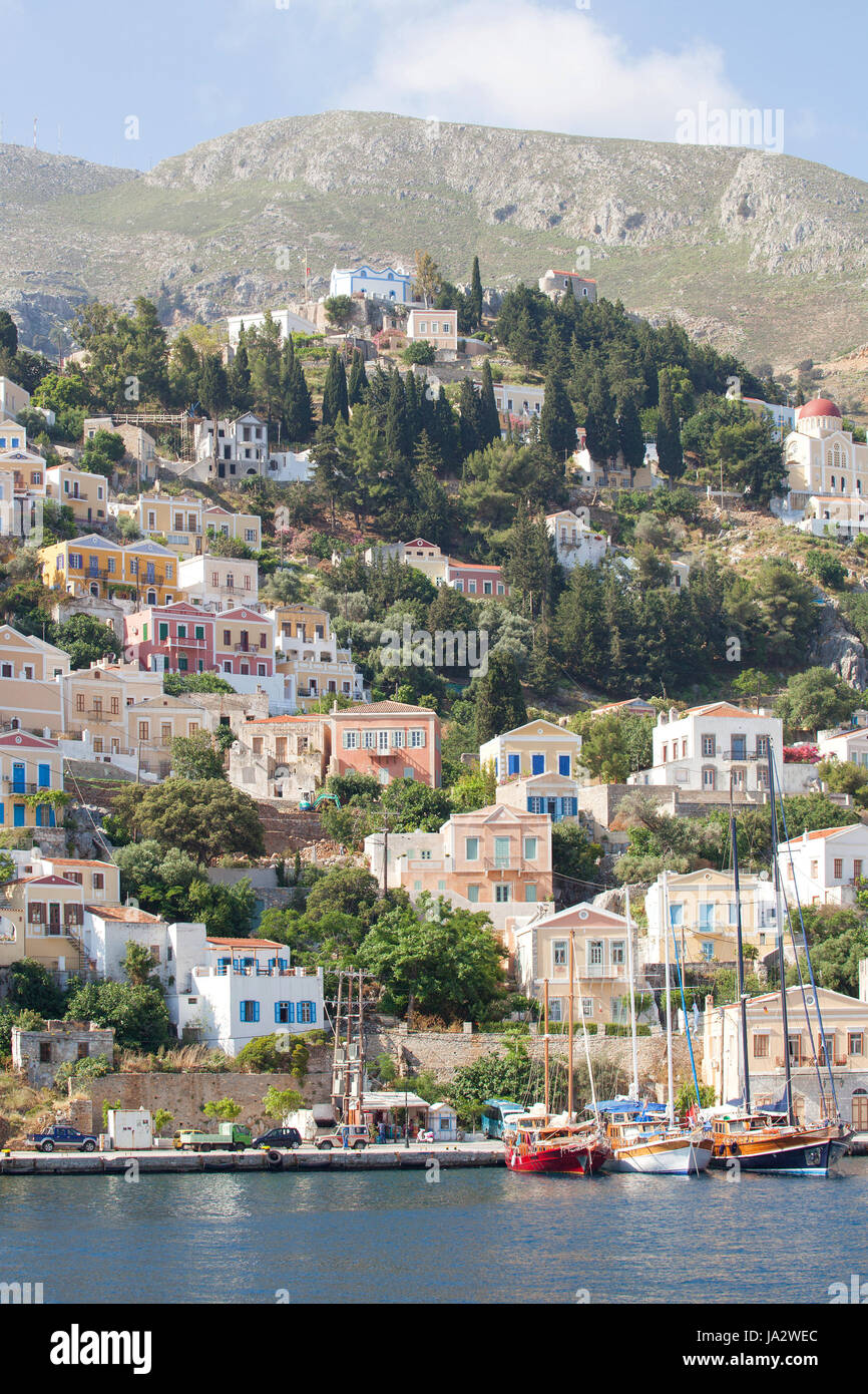 greece, harbor, harbours, sailing boats, houses, hill, coloured ...