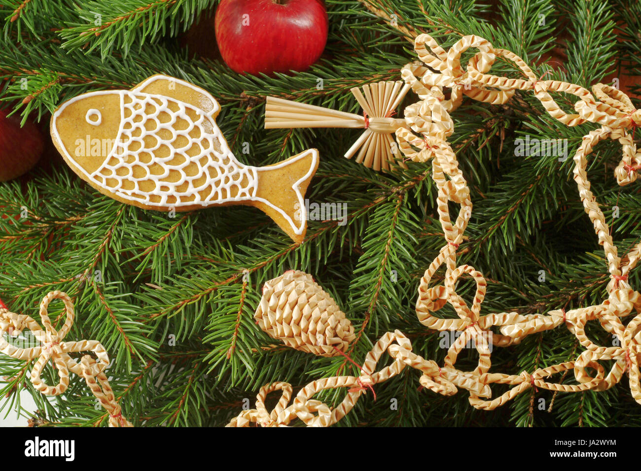 detail, tree, fish, branches, evergreen, traditional, decorated ...