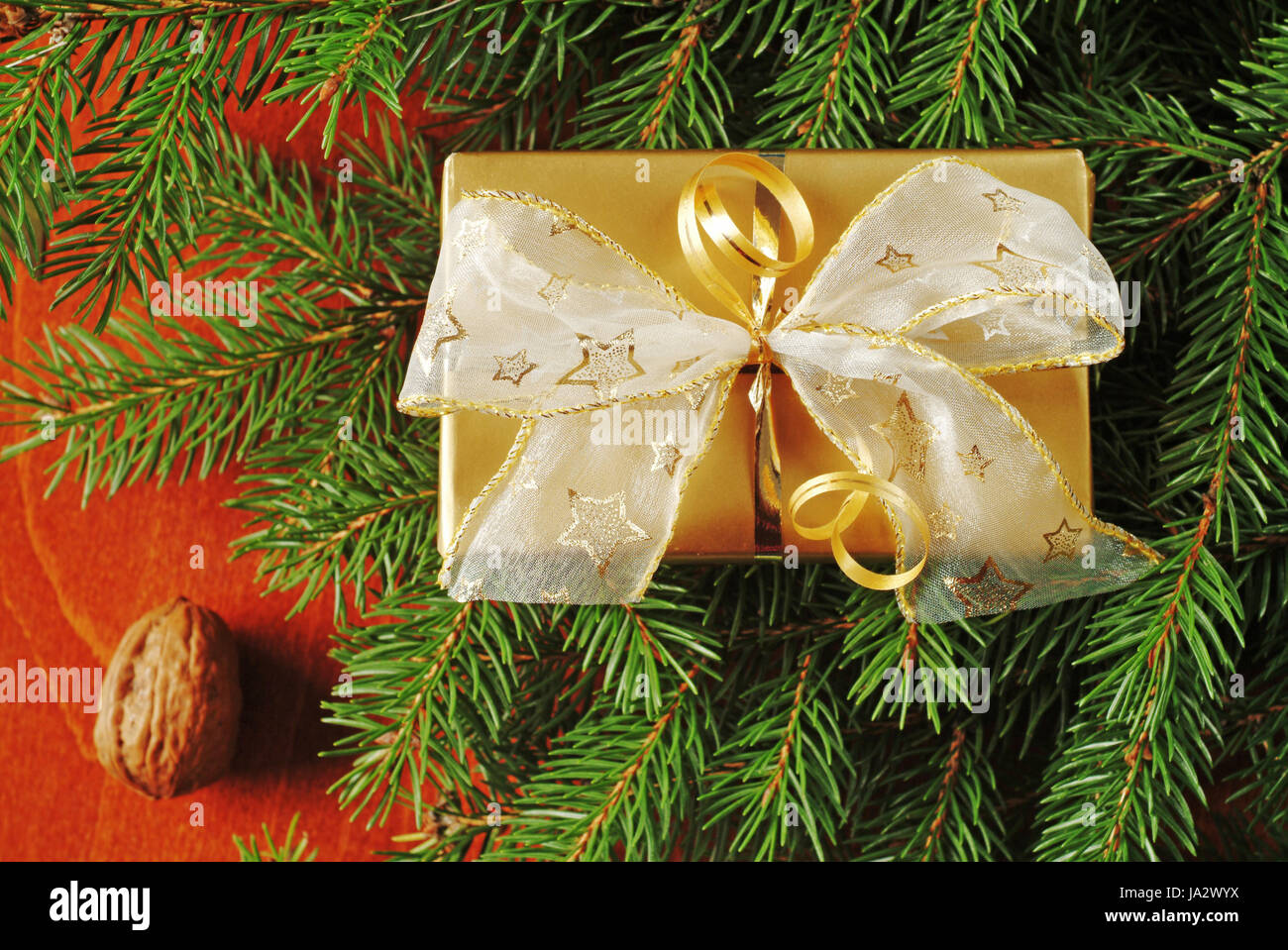 present, closeup, branches, golden, gift, evergreen, box, boxes ...
