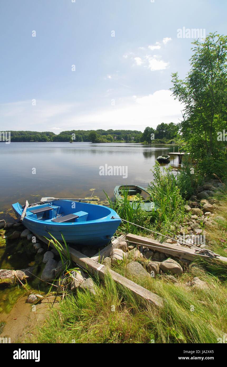 summer, summerly, rowing boat, lakeside, shine, shines, bright, lucent ...