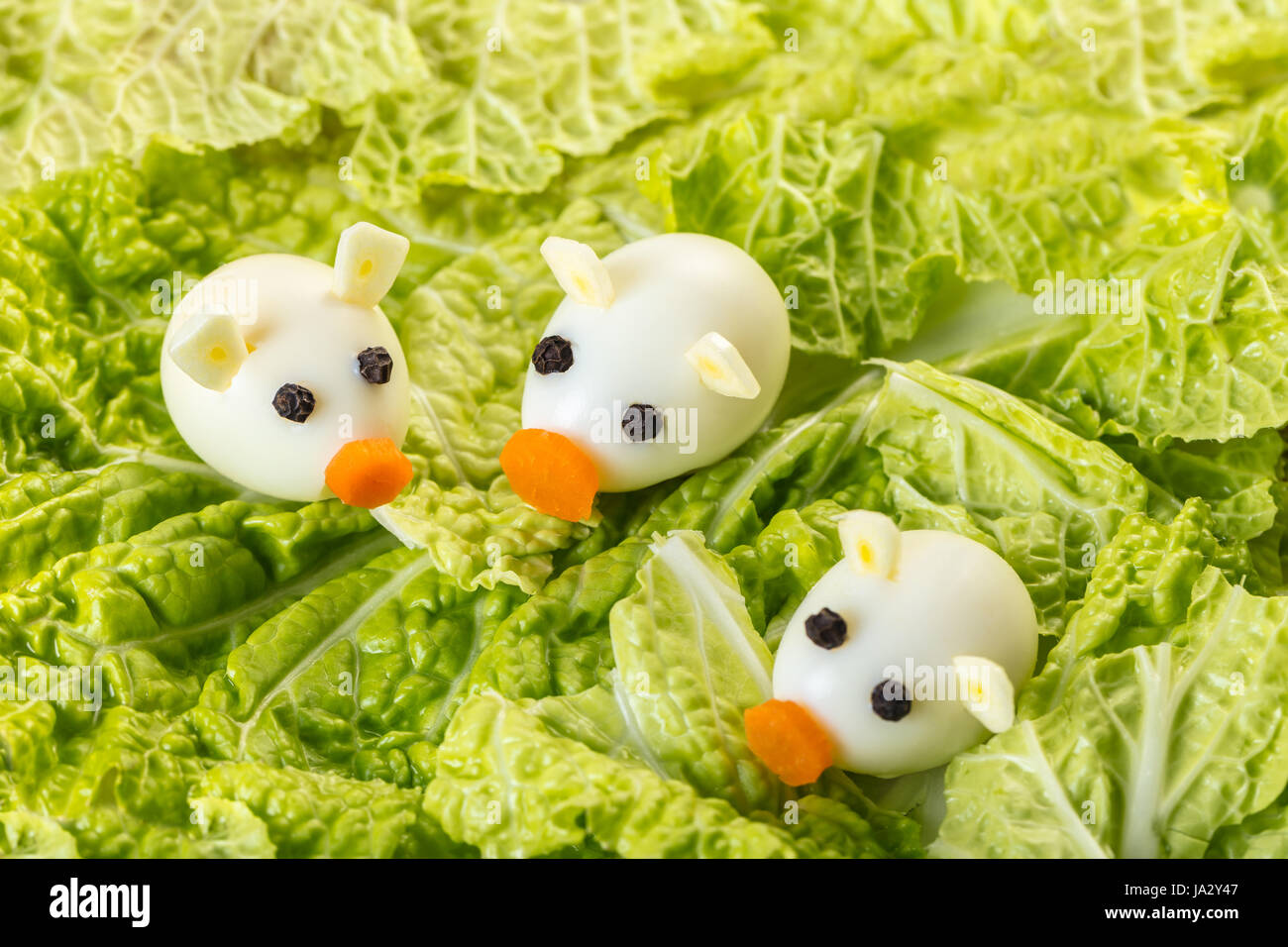 Children food, little pigs of quail eggs with lettuce Stock Photo - Alamy