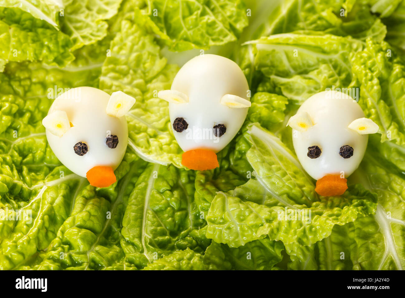 Children food, little pigs of quail eggs with lettuce Stock Photo - Alamy